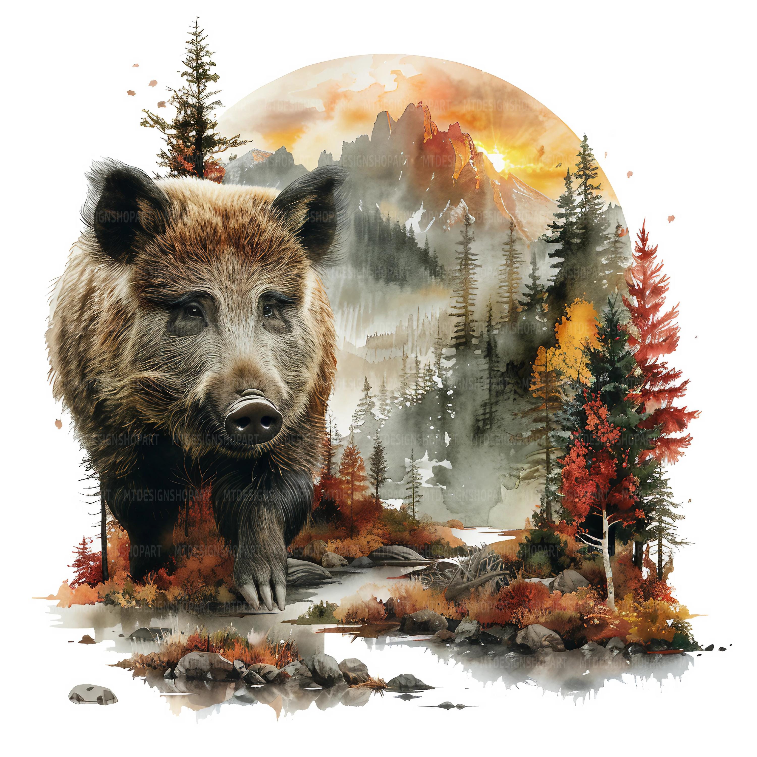 16 Wild Boar in Forest Clipart, Wild Boar Clipart, Printable Watercolor ...
