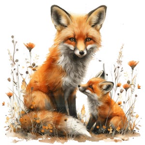 15 Fox Baby and Mother Clipart, Cute Baby Fox, Printable Watercolor ...