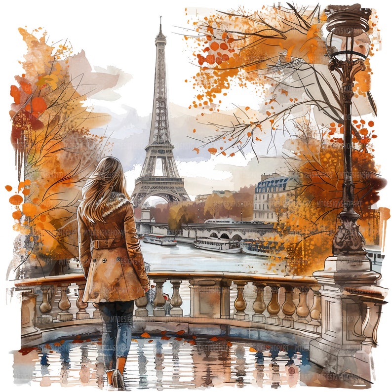 10 Woman in Paris Clipart, Autumn Clipart, Paris Bridge, Printable ...