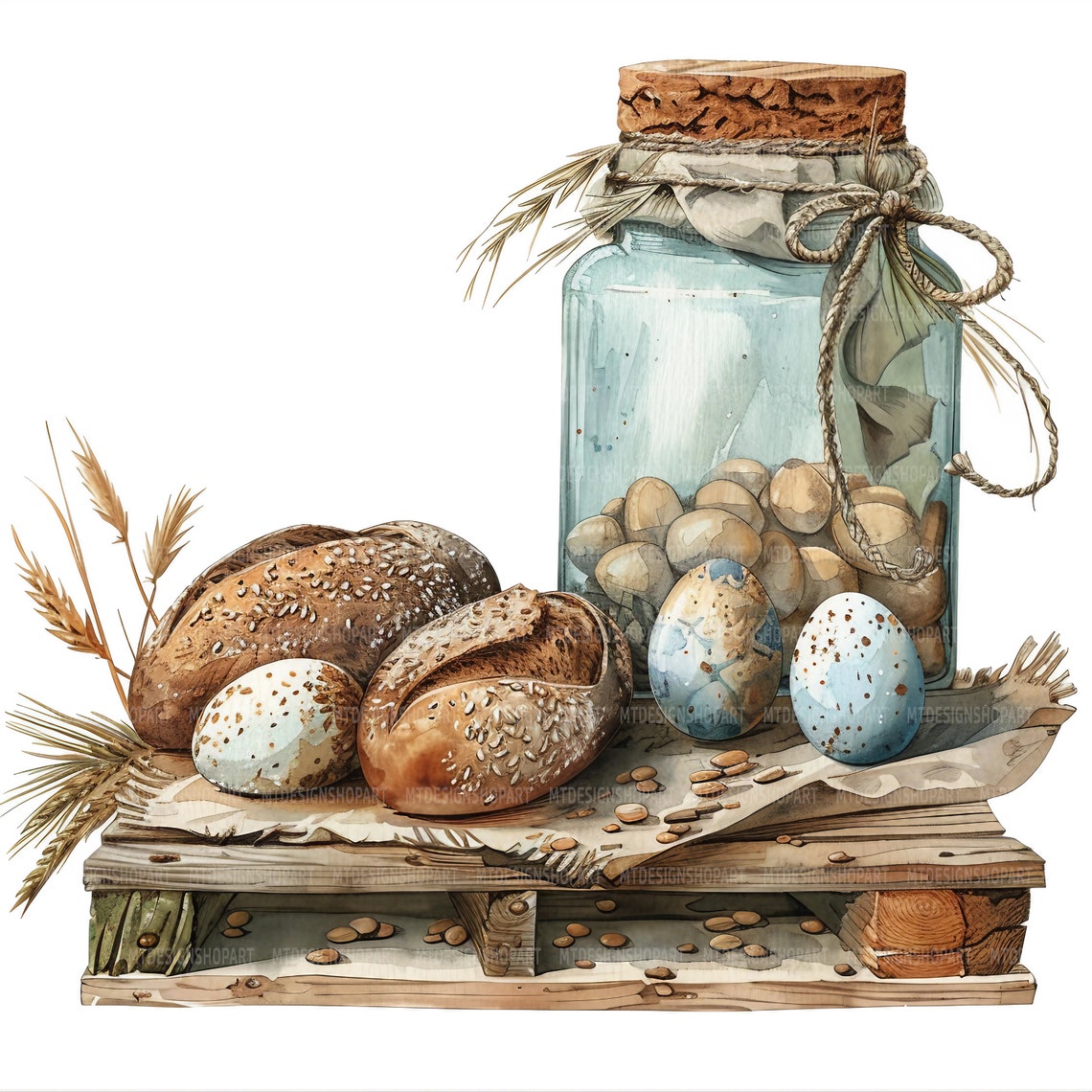 15 Rustic Jar Clipart, Rustic Bread Clipart, Easter Eggs, Watercolor ...