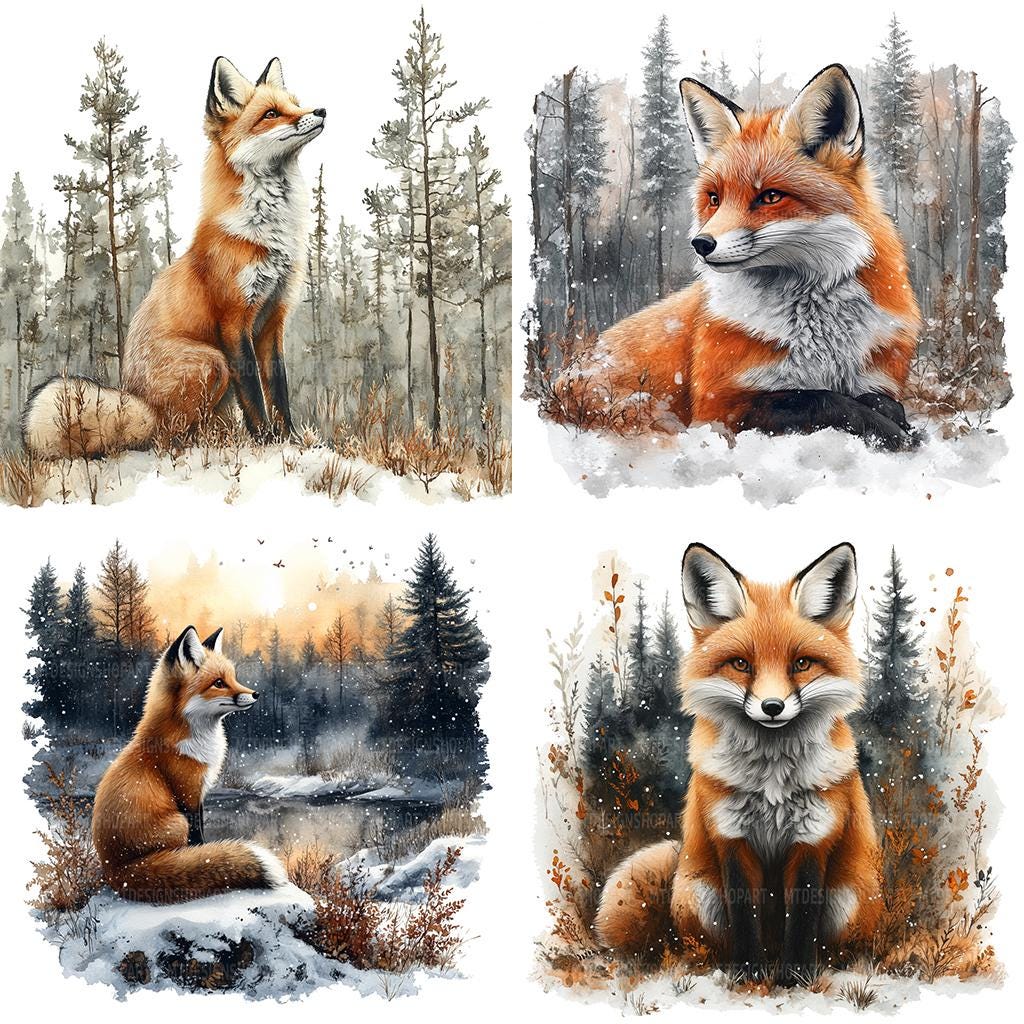 16 Fox in Winter Clipart, Cute Winter Fox, Printable Watercolor Clipart ...