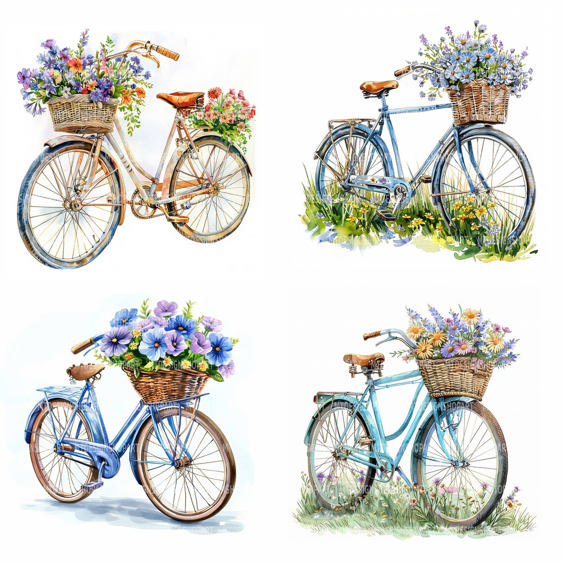 18 Vintage Floral Bicycle Clipart, Shabby Chic, Printable Watercolor ...