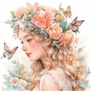 16 Floral Girls Clipart, Princess Clipart, Printable Watercolor Clipart ...