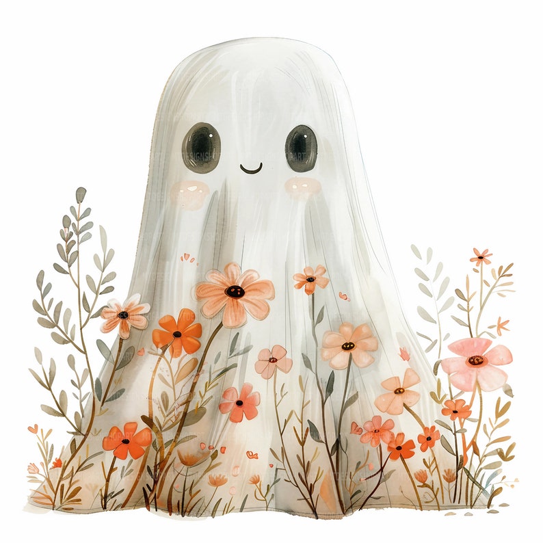 24 Floral Ghost Clipart, Halloween Ghost, Flowers Clipart, Printable ...