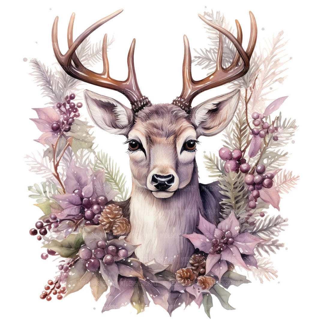 15 Christmas Deer Clipart, Purple Reindeer, Printable Watercolor ...