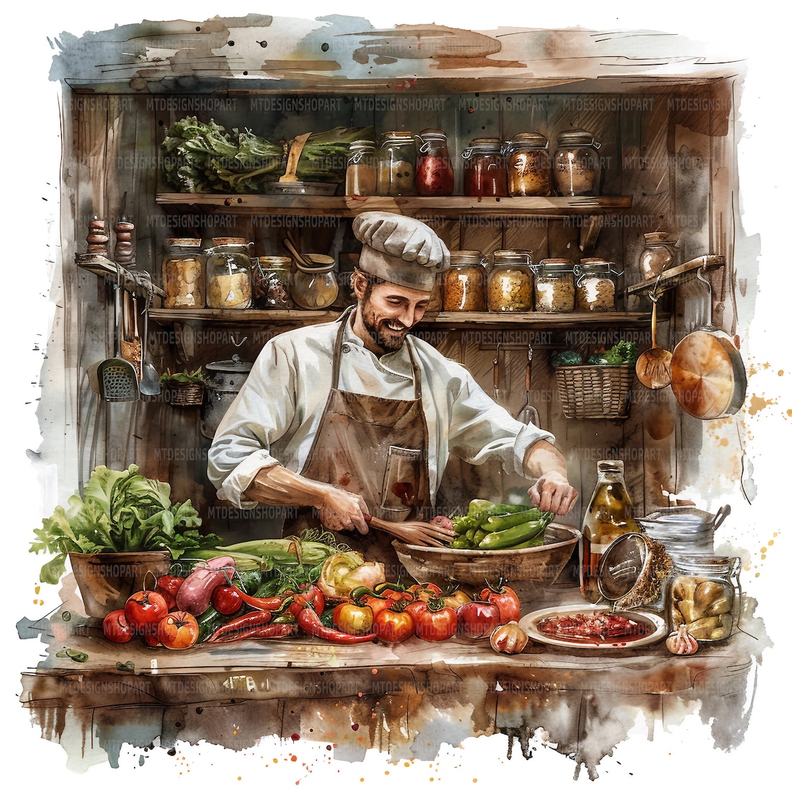 10 Happy Cook in Countryside Clipart, Cooking Chef Clipart, Watercolor ...