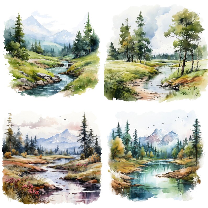 28 Nature Landscape Clipart, Mountain Clipart, Printable Watercolor ...