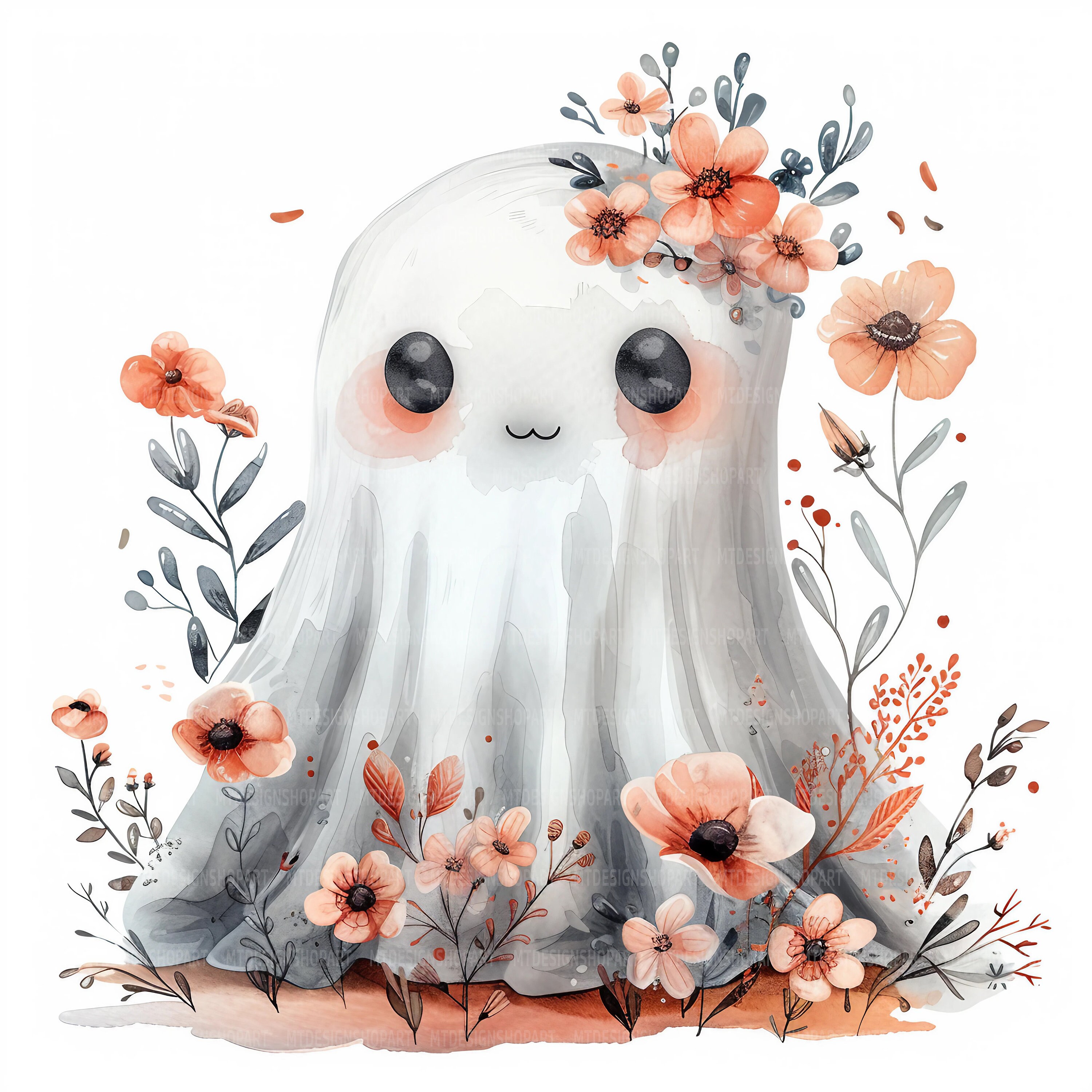 24 Floral Ghost Clipart, Halloween Ghost, Flowers Clipart, Printable ...