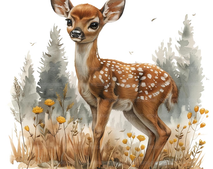 Watercolor Kawaii Fawn Clipart Bundle Commercial Use, Cute Deer ...
