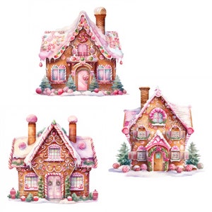 20 Pink Gingerbread House Set 1/3 Clipart, Gingerbread House Clipart ...