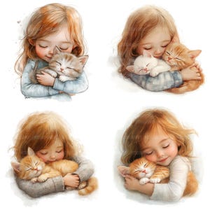 21 Little Girl Hugging Kitten Clipart, Kitten and Girl, Printable ...