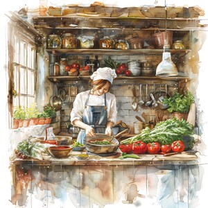 10 Happy Cook in Countryside Clipart, Cooking Woman Clipart, Watercolor ...
