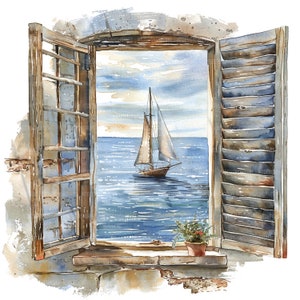 20 Window Ocean View Clipart, Window to Sea, Printable Watercolor ...