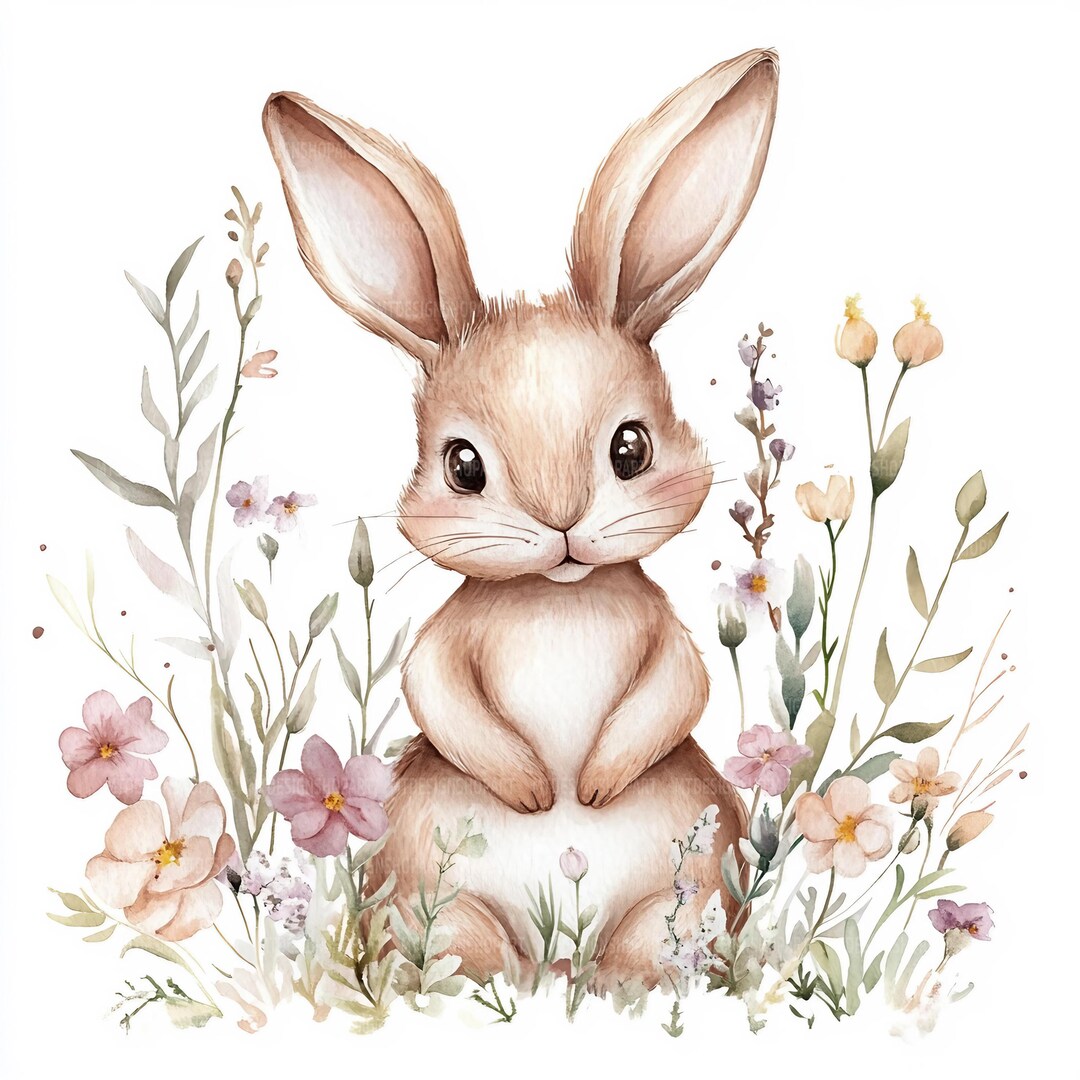16 Cute Floral Bunny Clipart, Rabbit Clipart, Printable Watercolor ...