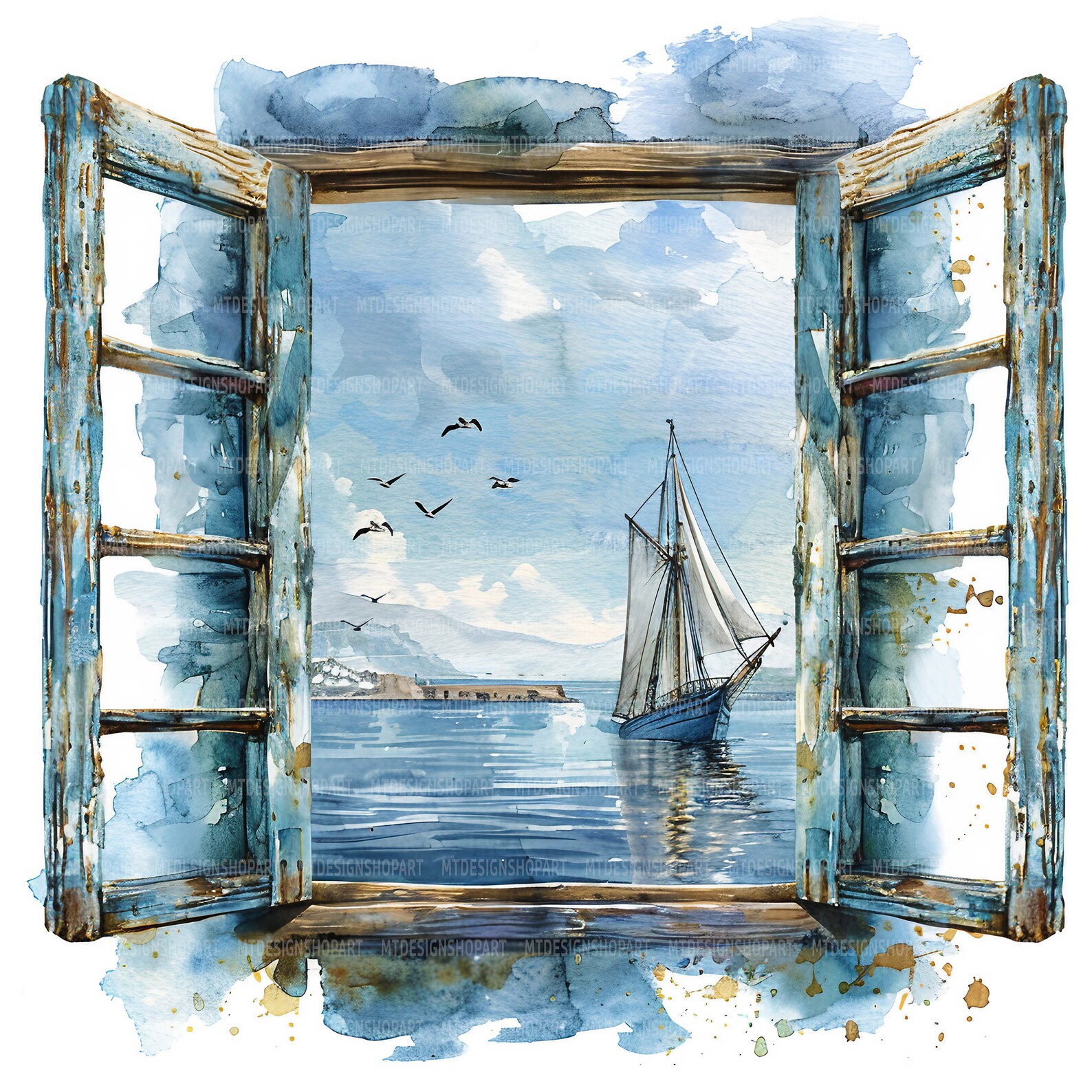 20 Window Ocean View Clipart, Window to Sea, Printable Watercolor ...