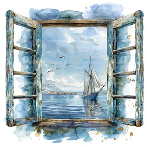 20 Window Ocean View Clipart, Window to Sea, Printable Watercolor ...