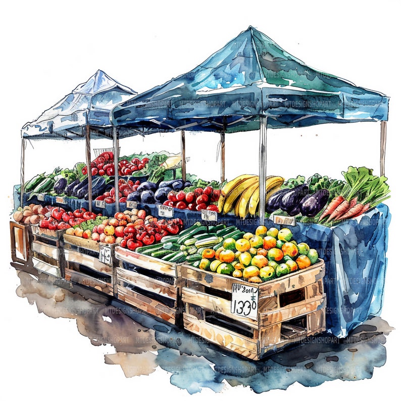 10 Farmers Market Clipart, Fruits and Vegetables Landscape, Printable ...