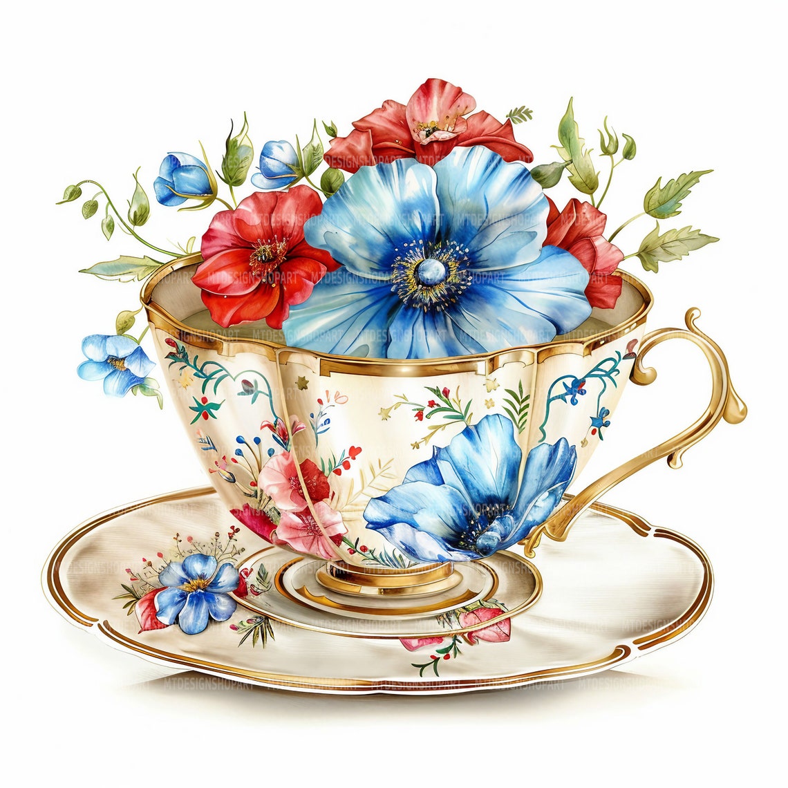 15 Flowers in Tea Cup Clipart, Floral Tea Cup, Printable Watercolor ...