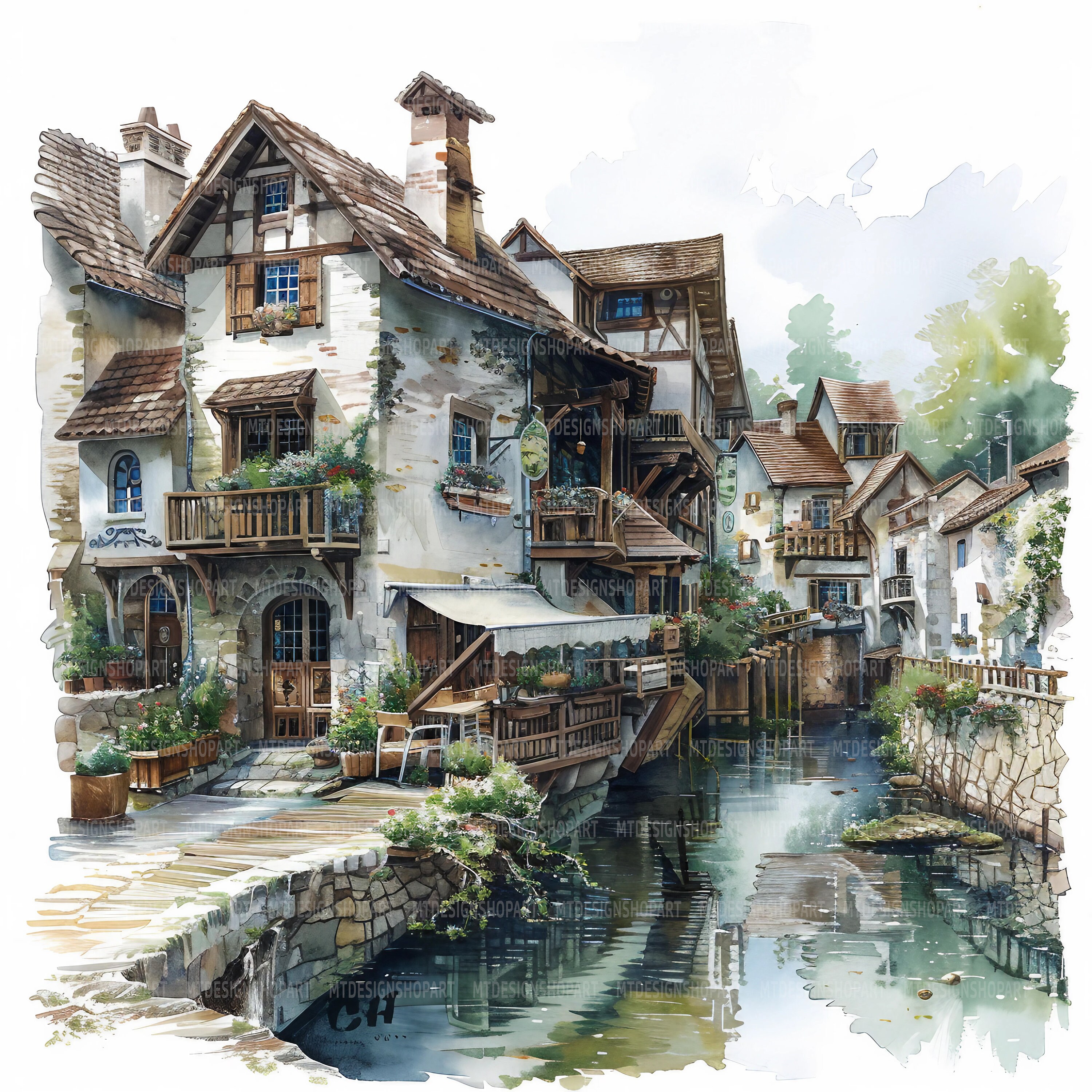 11 Old Lake Town Clipart, Old Town Bundle Clipart, Printable Watercolor ...