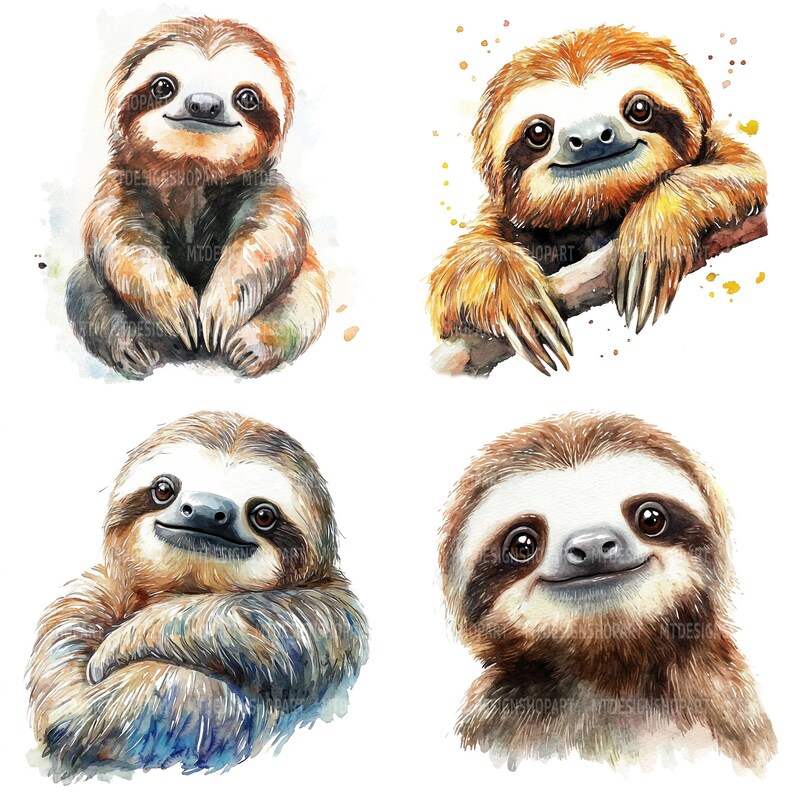 Watercolor Sloth Clipart: Baby Animal Art, Junk Journal Graphics ...