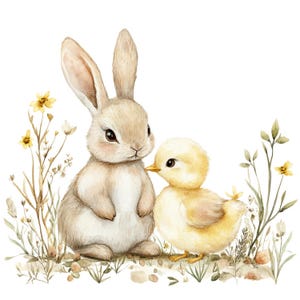 Watercolor Bunny & Chick Clipart: Floral Spring Designs (digital ...