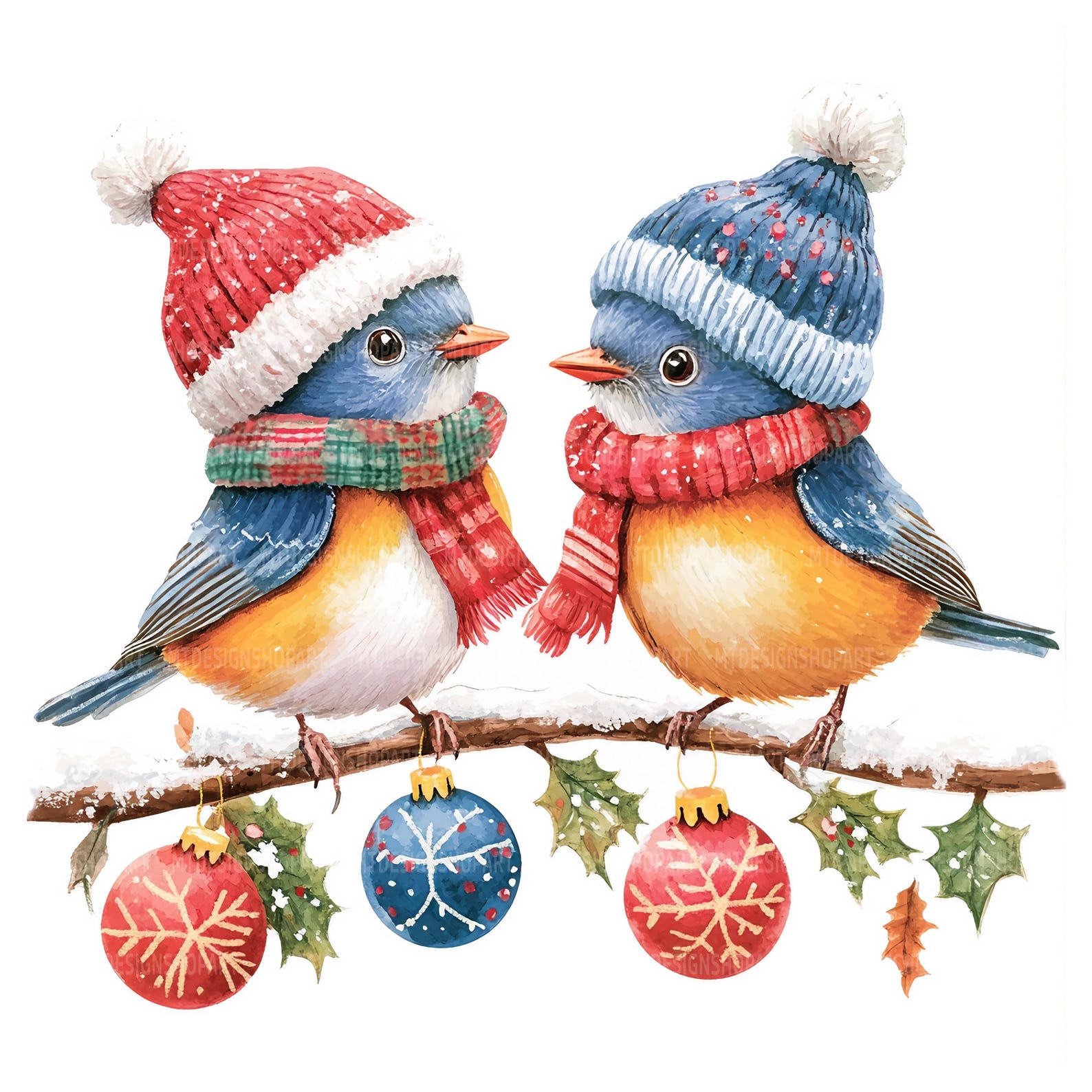 22 Christmas Birds Clipart, Festive Birds on Branch, Printable ...