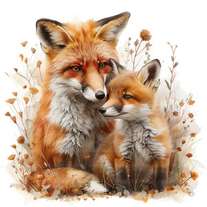 15 Fox Baby and Mother Clipart, Cute Baby Fox, Printable Watercolor ...