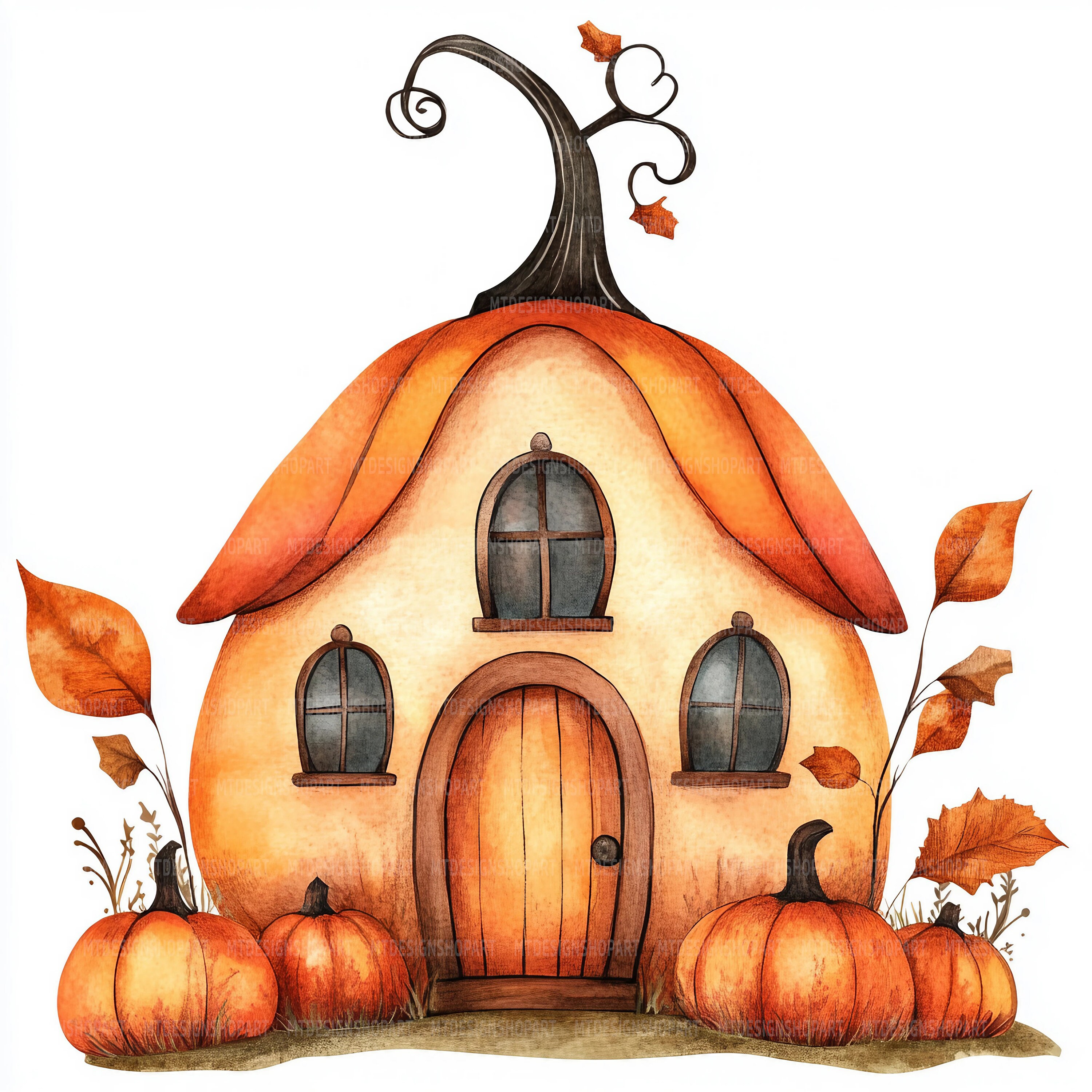24 Pumpkin House Clipart, Pumpkin Fairy House, Printable Watercolor ...