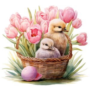 19 Floral Easter Chick Baskets Clipart, Flowers Basket Art, Printable ...