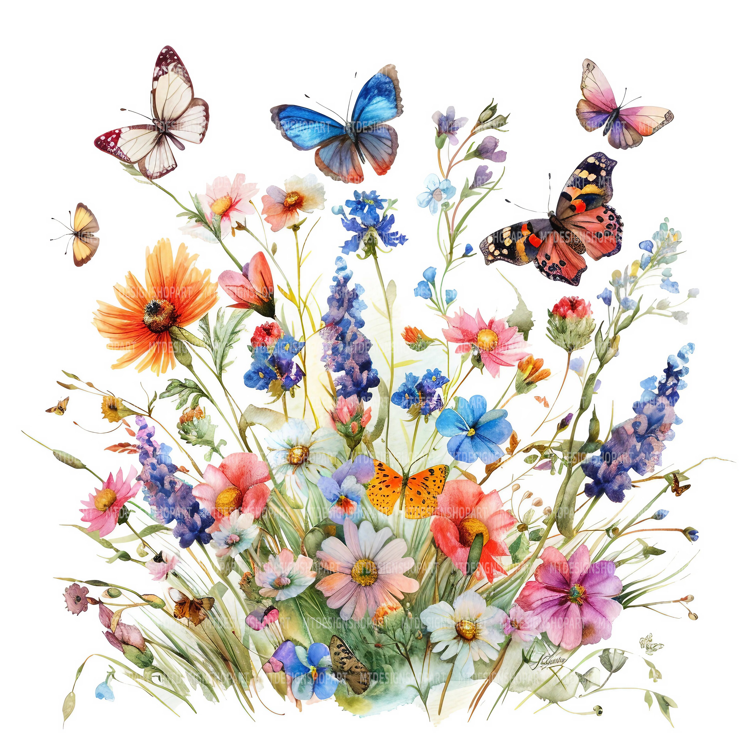 24 Butterflies and Wildflowers Clipart, Wildflowers Clipart, Printable ...