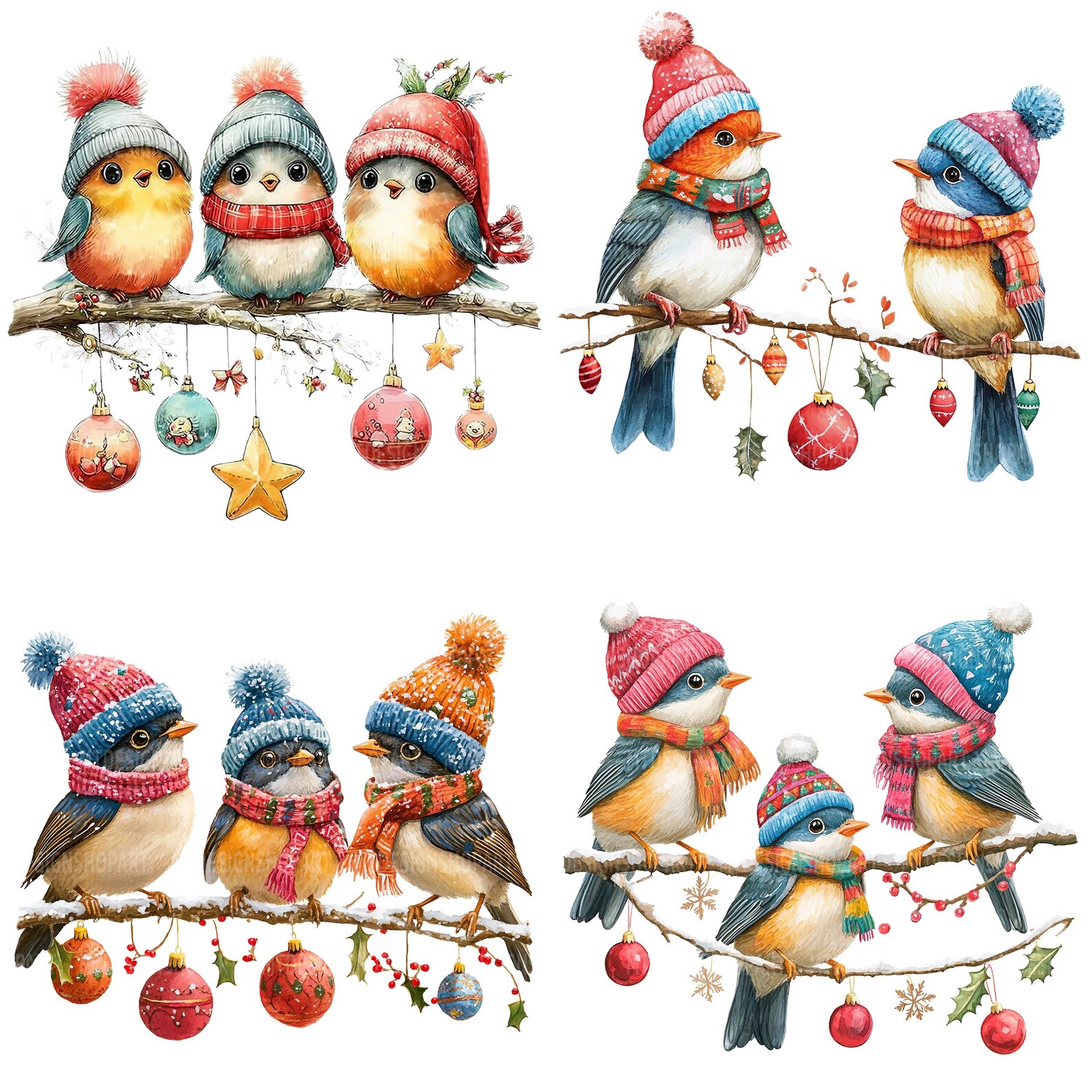 22 Christmas Birds Clipart, Festive Birds on Branch, Printable ...