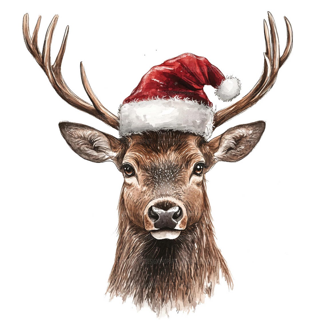 16 Deer With Santa Hat Clipart, Deer Clipart, Printable Watercolor ...