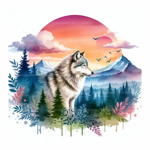 18 Wolf Sunset Clipart, Printable Watercolor Clipart, Watercolor Wolf ...