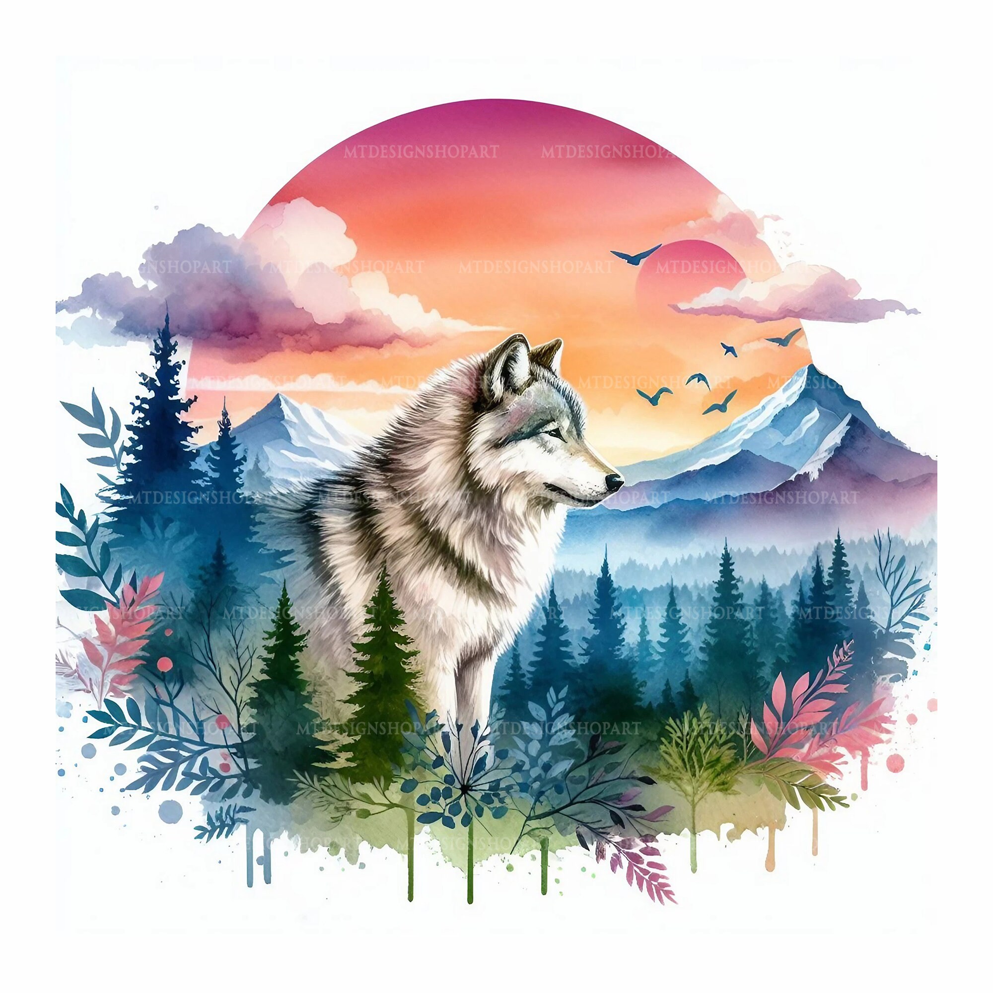 18 Wolf Sunset Clipart, Printable Watercolor Clipart, Watercolor Wolf ...