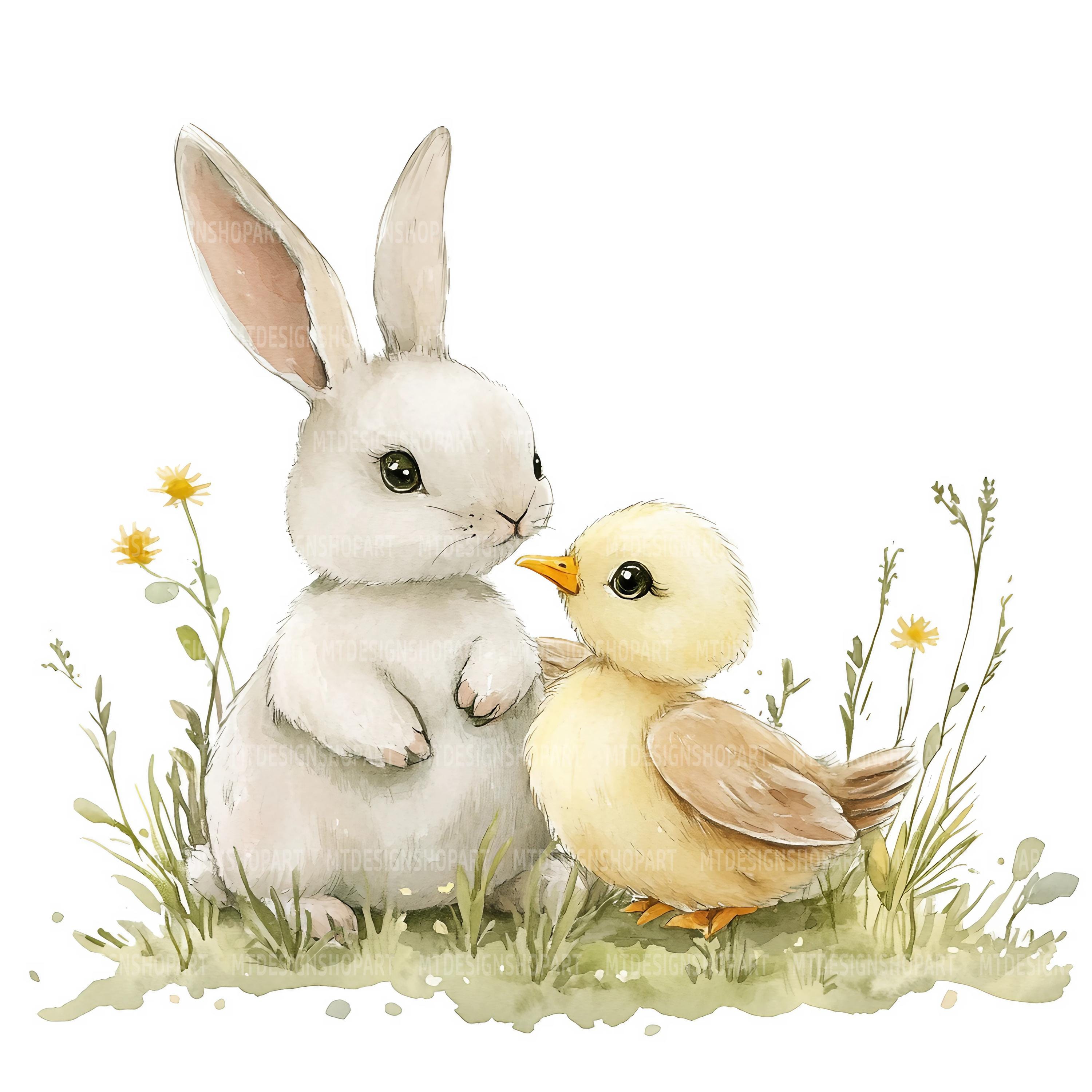 Watercolor Bunny & Chick Clipart: Floral Spring Designs (digital ...