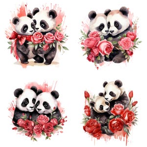 16 Panda Couple With Red Roses Clipart, Panda Clipart, Printable ...