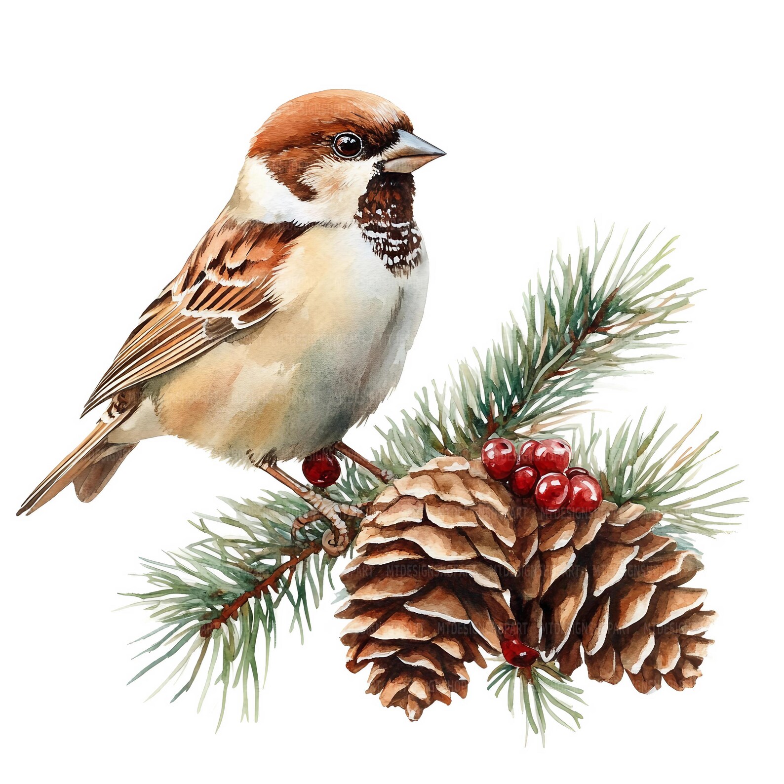 19 Sparrow Clipart, Sparrow on a Spruce Branch,, Printable Watercolor ...