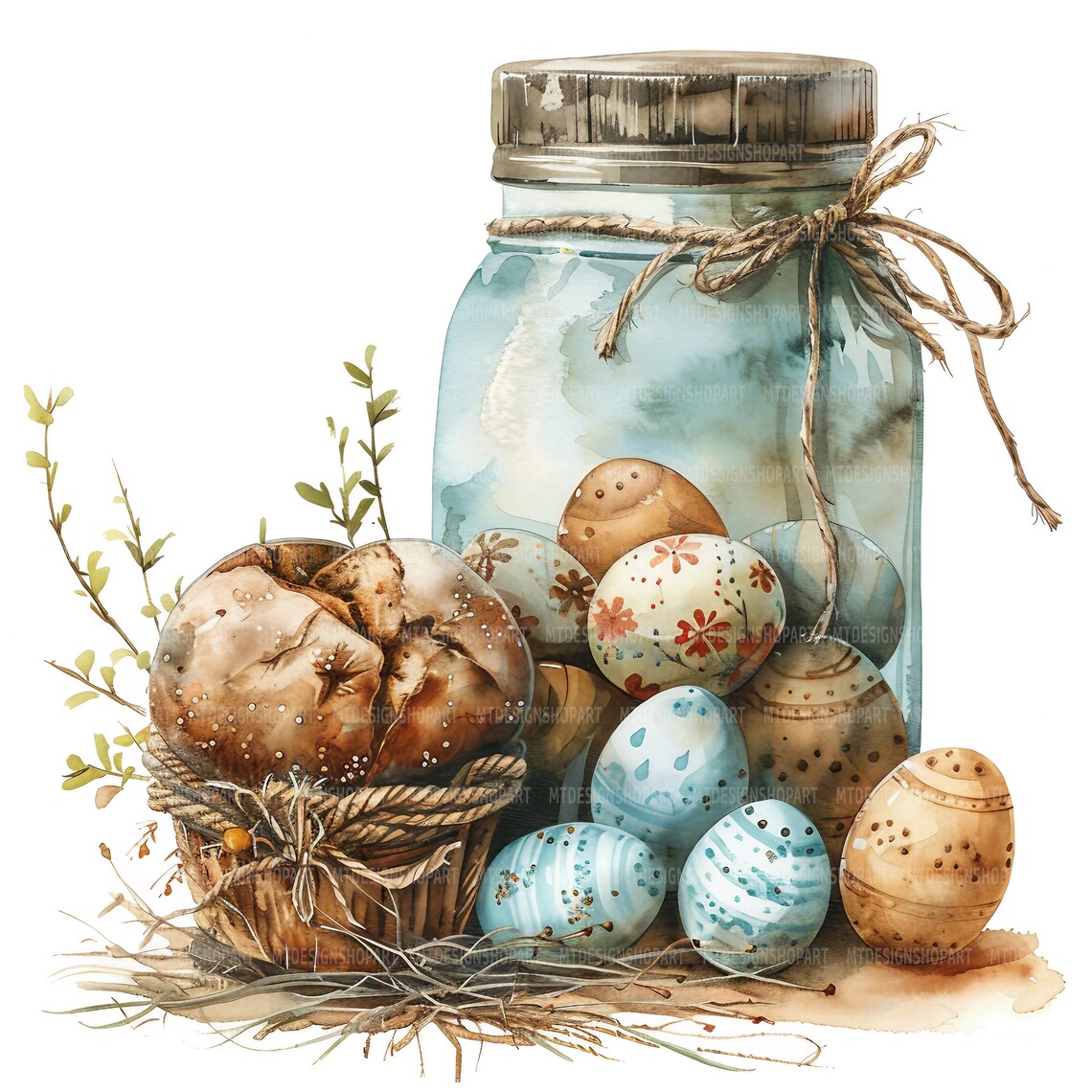 15 Rustic Jar Clipart, Rustic Bread Clipart, Easter Eggs, Watercolor ...