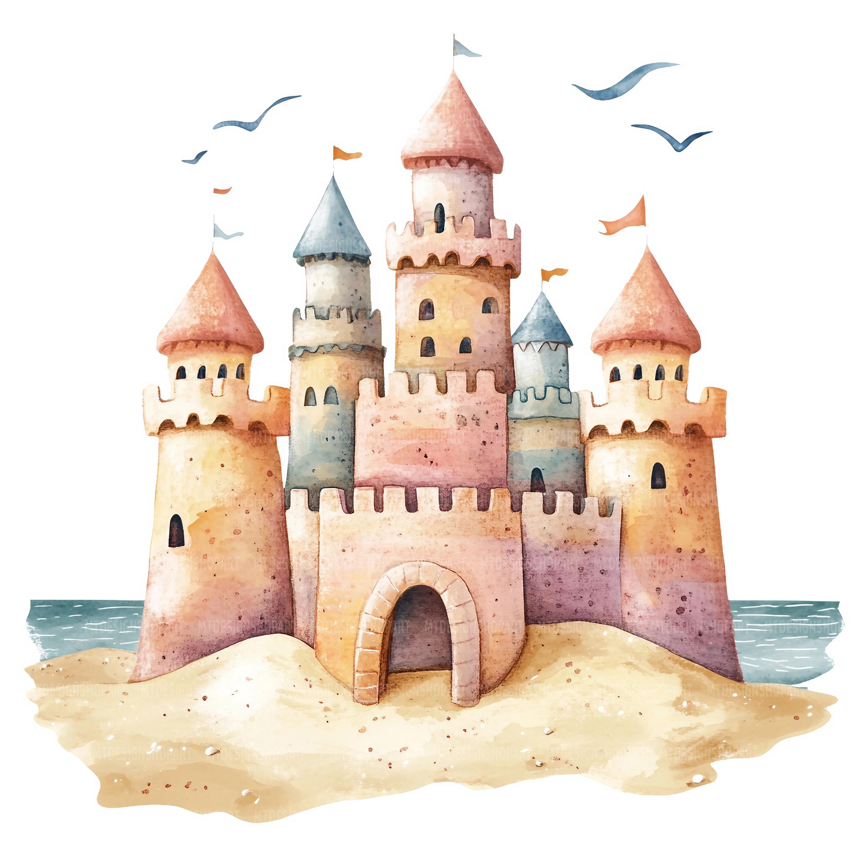 19 Watercolor Sand Castle Clipart, JPG, Cartoon Castle, Paper Craft ...