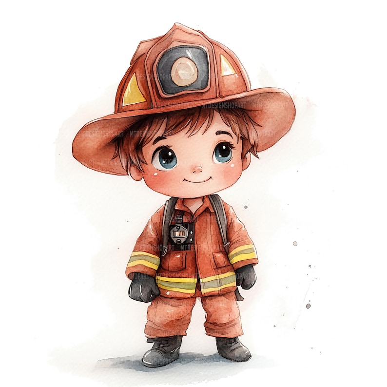 16 Cute Boy Firefighter Clipart, Firemen Clipart, Printable Watercolor ...