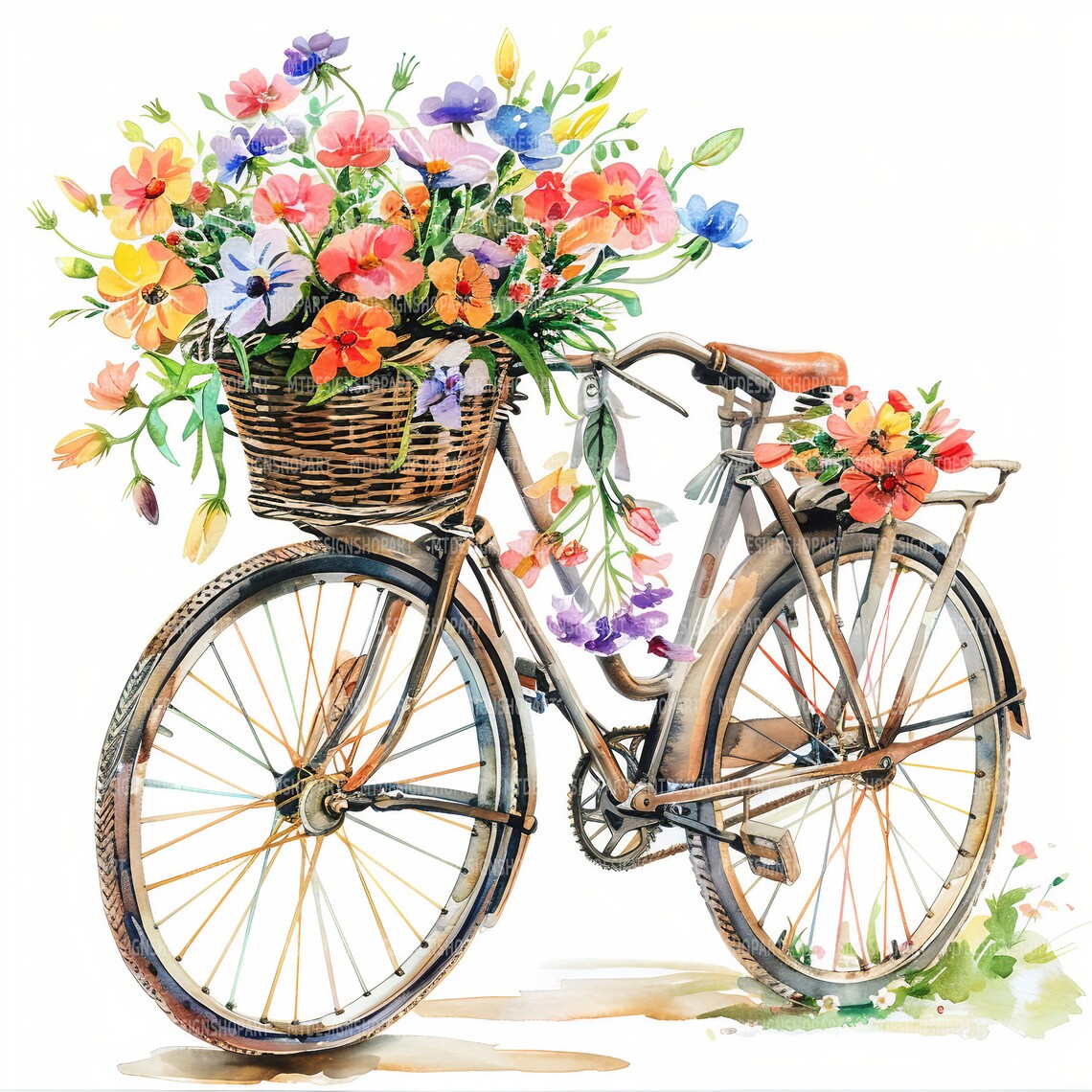 18 Vintage Floral Bicycle Clipart, Shabby Chic, Printable Watercolor ...