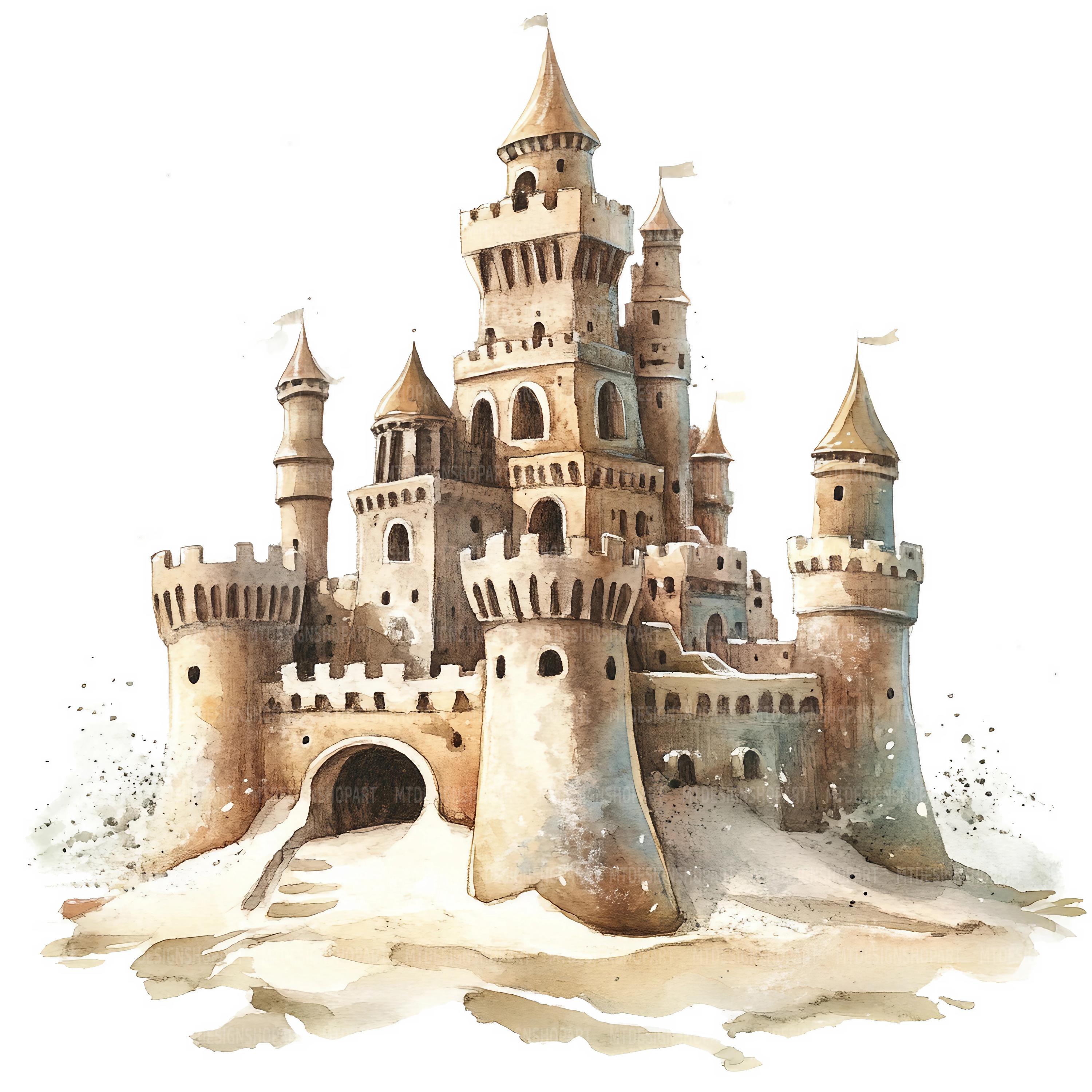 19 Watercolor Sand Castle Clipart, JPG, Cartoon Castle, Paper Craft ...