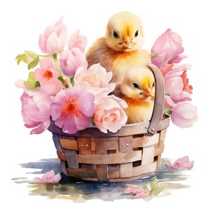 19 Floral Easter Chick Baskets Clipart, Flowers Basket Art, Printable ...