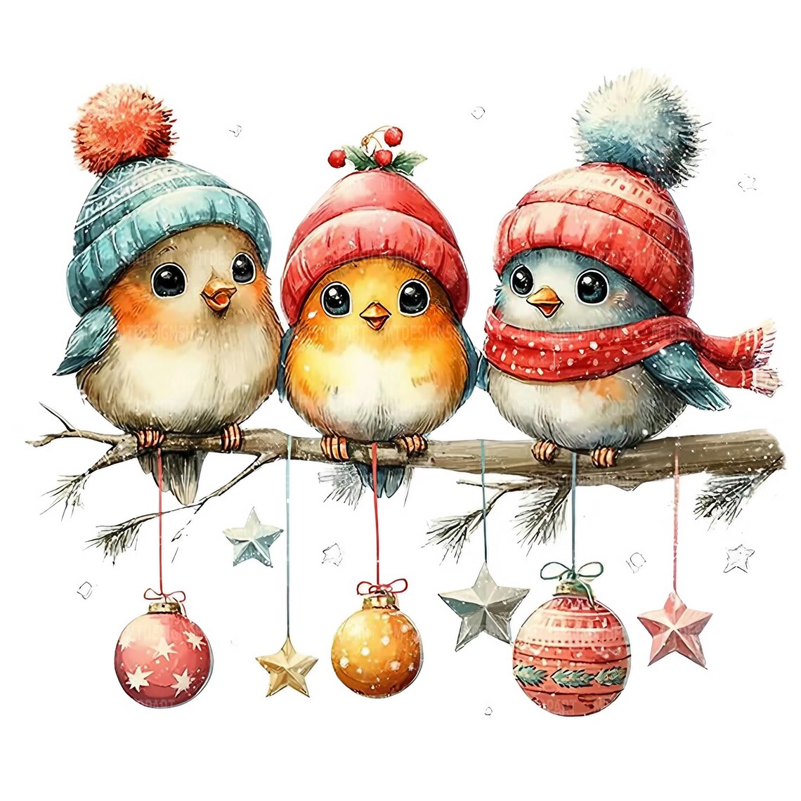 22 Christmas Birds Clipart, Festive Birds on Branch, Printable ...