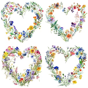 19 Wildflowers Hearts Clipart, Heart Wreath, Printable Watercolor ...
