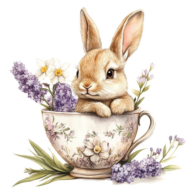 20 Bunny in Tea Cup Clipart, Spring Flowers, Printable Watercolor ...