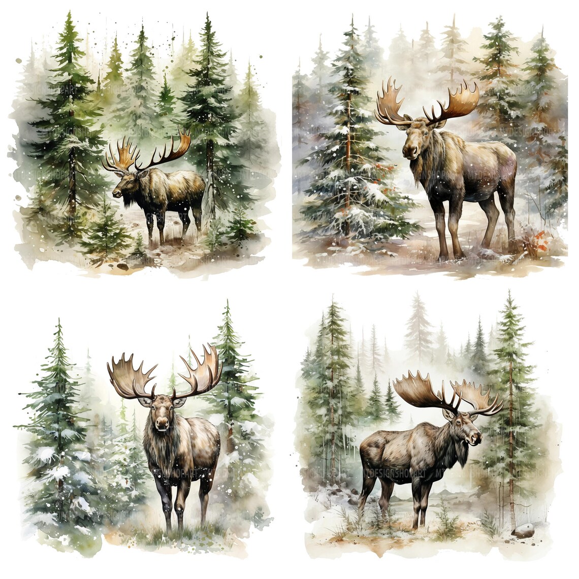 20 Moose in Winter Clipart, Moose Clipart, Printable Watercolor Clipart ...