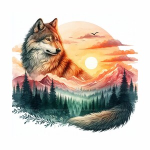 18 Wolf Sunset Clipart, Printable Watercolor Clipart, Watercolor Wolf ...