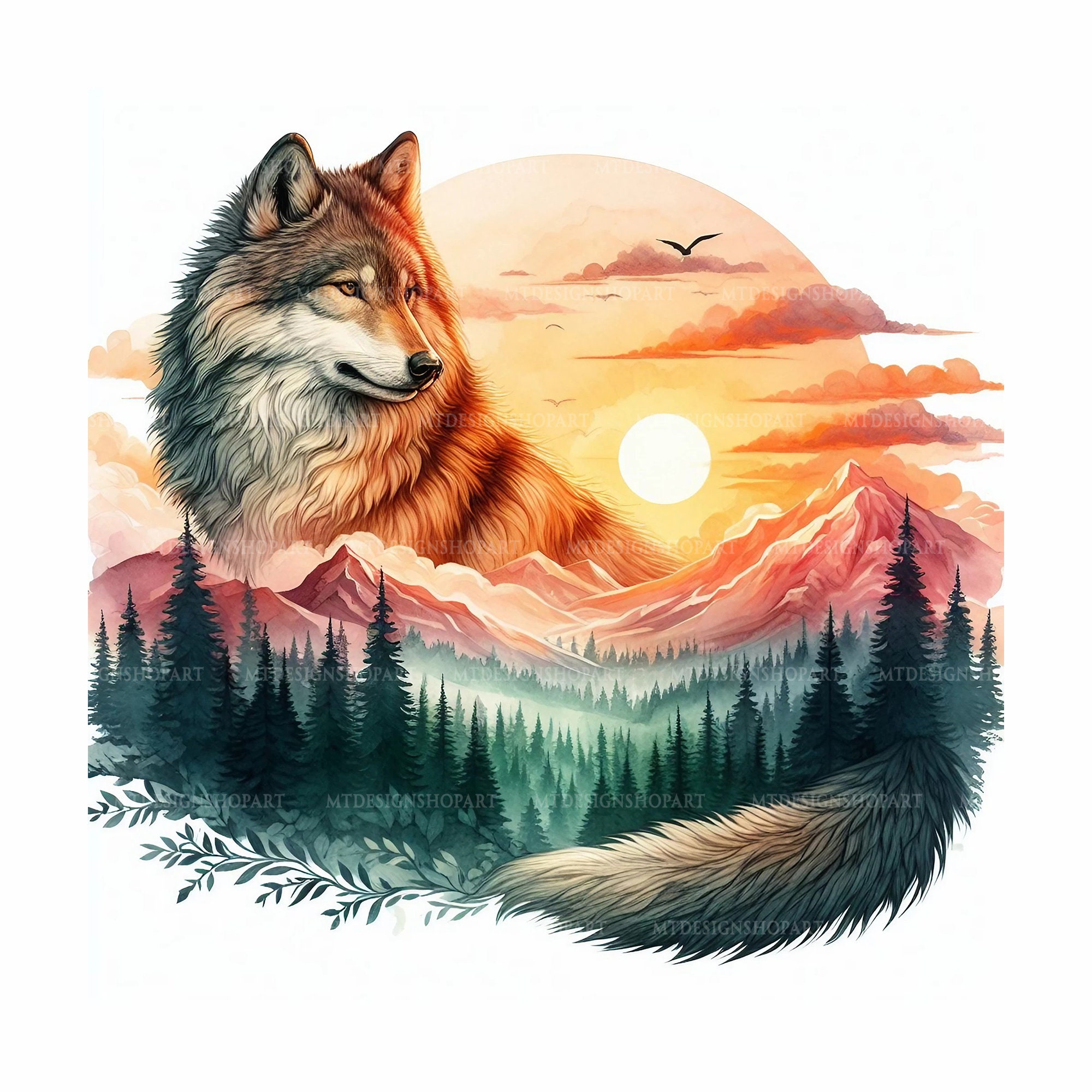 18 Wolf Sunset Clipart, Printable Watercolor Clipart, Watercolor Wolf ...