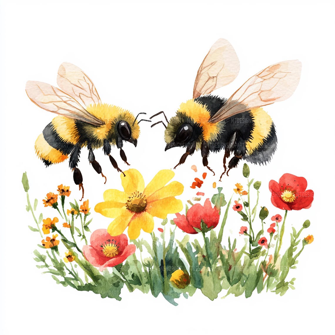 Watercolor Bees and Flowers Clipart: Floral Art, Paper Crafts (digital ...